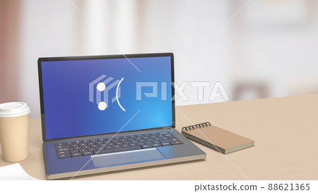 The laptop on wood table showing blue screen... - Stock Illustration ...