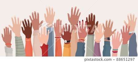 Group raised human arms and hands.Diversity... - Stock Illustration ...