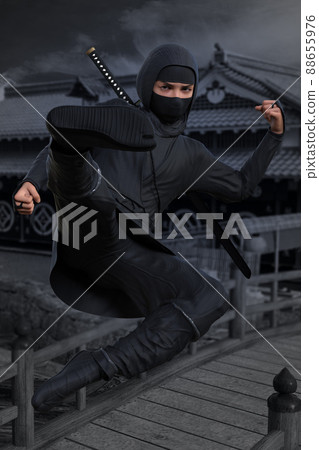 A ninja with a sword on his back kicking on a... - Stock Illustration ...