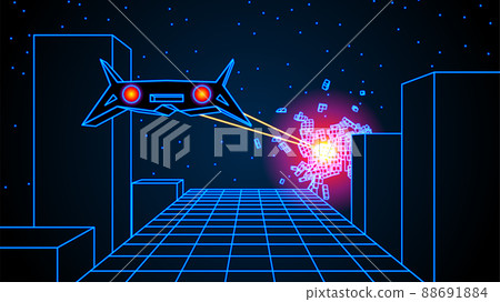 Arcade space ship flying over the road with 3D... - Stock Illustration ...