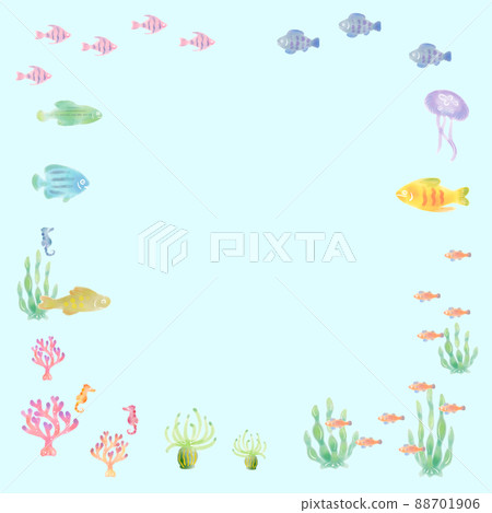 Watercolor fish frame blue square - Stock Illustration [88701906] - PIXTA