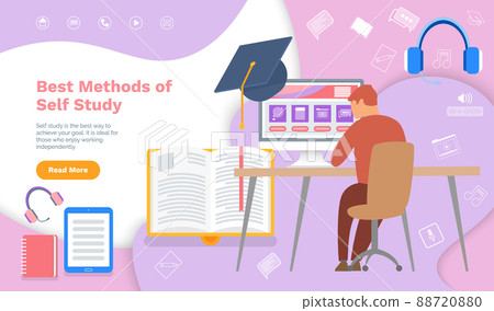 Best methods of self study concept. Man using... - Stock Illustration ...