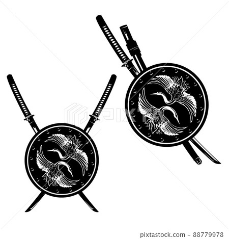 crane birds with samurai katana sword and... - Stock Illustration ...