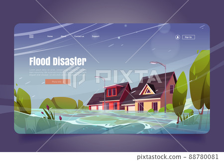 Flood disaster banner, inundation and rain in city - Stock Illustration ...