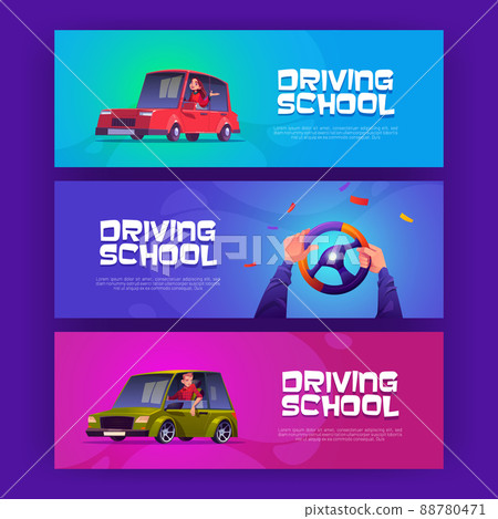 Driving school posters with people in cars - Stock Illustration ...