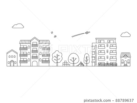 Simple black line house and residential area... - Stock Illustration ...