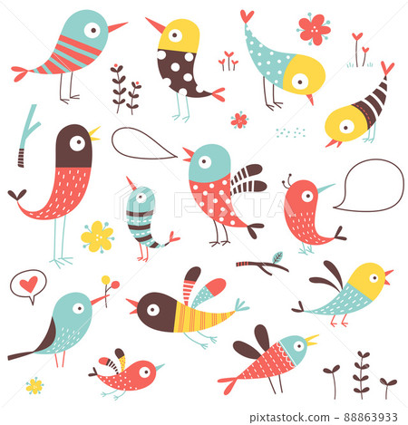 Colorful and cute bird illustration set - Stock Illustration [88863933 ...