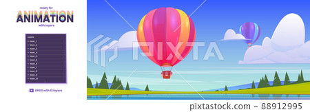 Parallax background with hot air balloons and lake - Stock Illustration ...