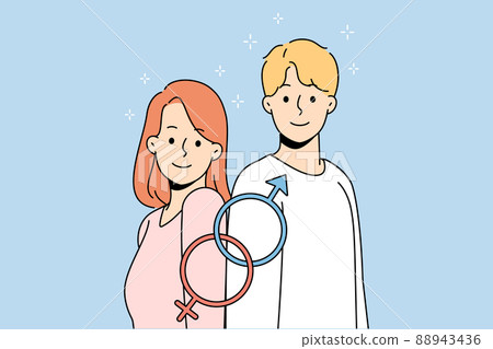 Smiling man and woman with gender identity signs - Stock Illustration ...