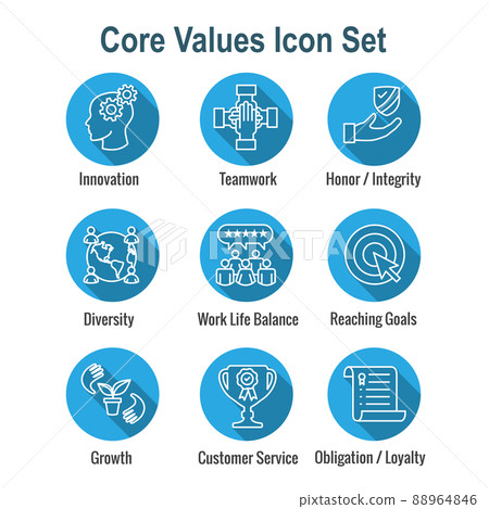 Core Values icon set with teamwork, work life... - Stock Illustration ...