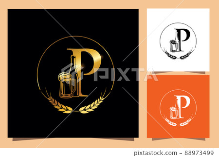 Gold Glass and Bottle BeerMonogram Initial... - Stock Illustration ...