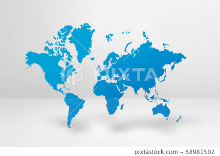 Blue world map on white wall background. 3D... - Stock Illustration ...
