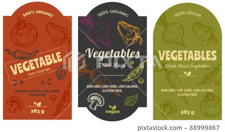 Dried mixed vegetables, pack for soup labels set - Stock Illustration ...