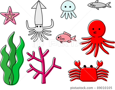 Sea creature line drawing set_shifted painting - Stock Illustration ...