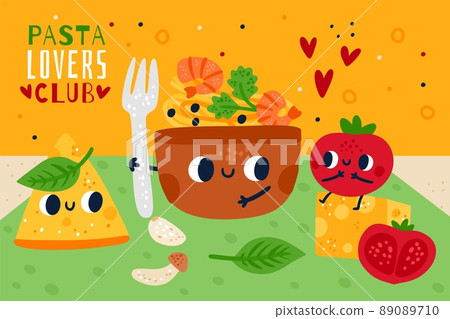 Italian pasta characters card. Cute spaghetti... - Stock Illustration ...