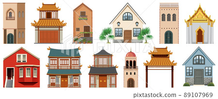 Different designs of buildings on white background - Stock Illustration ...
