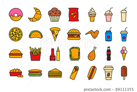 Fast food icons. Isolated line color icon set - Stock Illustration ...