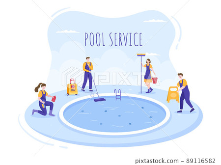 Swimming Pool Service Worker with Broom, Vacuum... - Stock Illustration ...