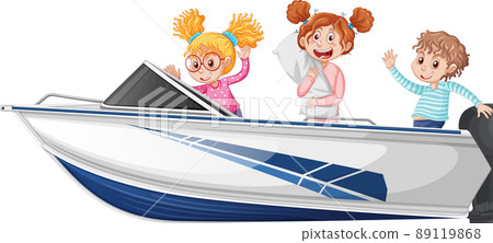 Boy and girl standing on a speed boat on a... - Stock Illustration ...