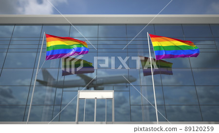 LGBTQ flags in the airport and landing... - Stock Illustration ...