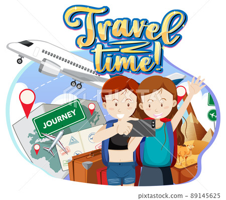 Travel time typography design with travelers... - Stock Illustration ...