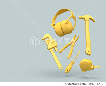 Flying view of yellow construction tools for... - Stock Illustration ...