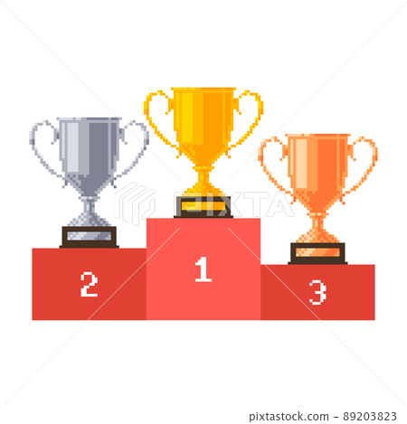 Pixel podium with trophy cups. Goblets on... - Stock Illustration ...