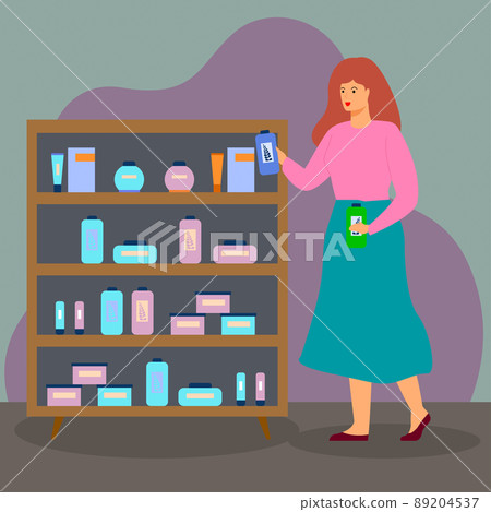 woman is choosing products on the market shelf,... - Stock Illustration ...