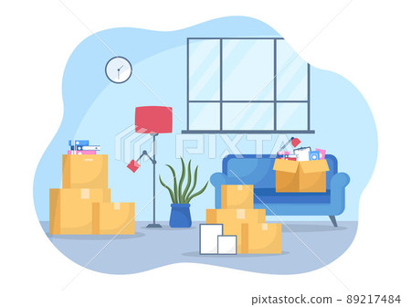 Home Relocation or People Moving with Cardboard... - Stock Illustration ...