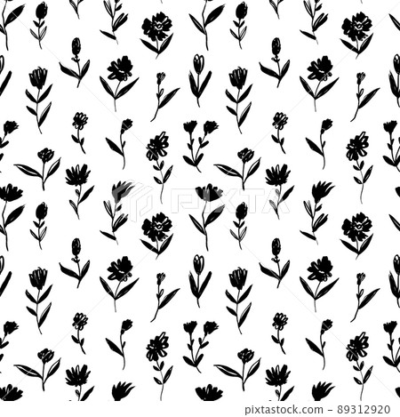 Brush black small flowers with leaves pattern. - Stock Illustration ...