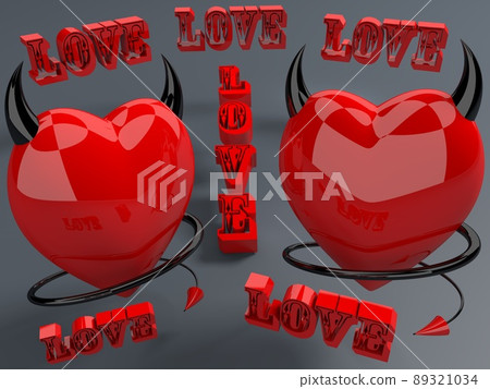 Two devil hearts between love inscriptions on a... - Stock Illustration ...