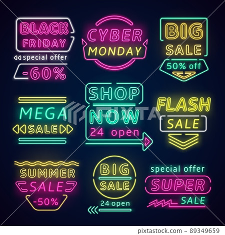 Neon sale signs. Cyber Monday and black Friday...-插圖素材 [89349659] - PIXTA圖庫