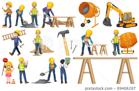 Construction worker set with many tools - Stock Illustration [89406287 ...