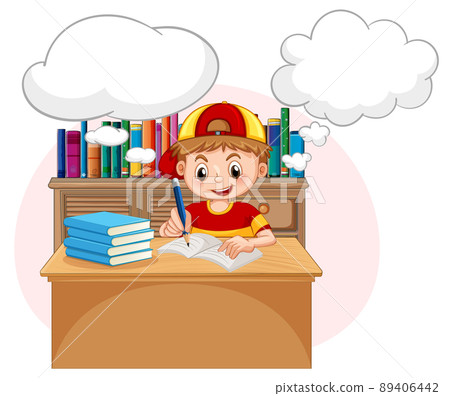 A kid doing homework with speech bubble in the... - Stock Illustration ...