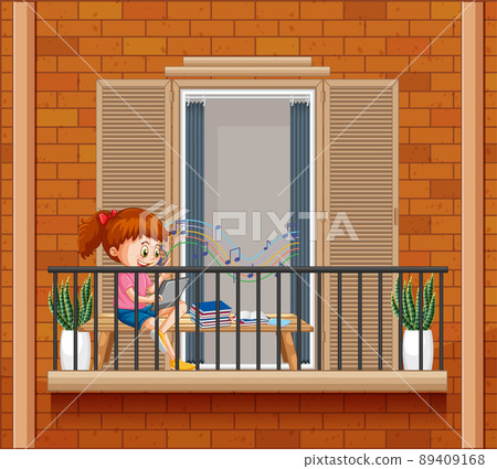 Balcony scene with a girl cartoon character-插圖素材 [89409168] - PIXTA圖庫