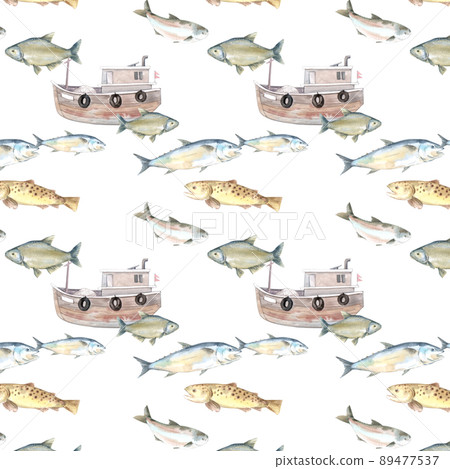 Fishing seamless pattern watercolor png - Stock Illustration [89477537 ...