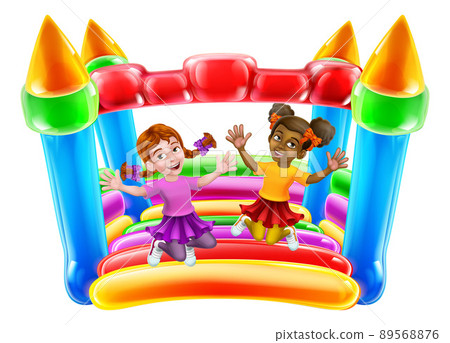 Bouncy House Castle Jumping Girls Kids Cartoon - Stock Illustration ...