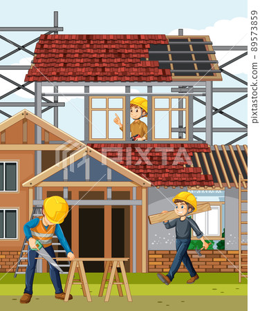 Cartoon scene of building house construction site - Stock Illustration ...