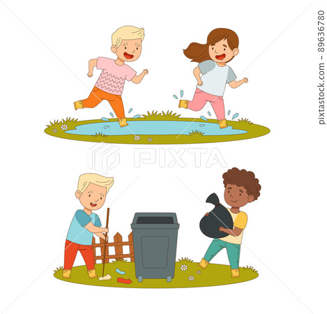 Kids spring activities set. Cute children in... - Stock Illustration ...