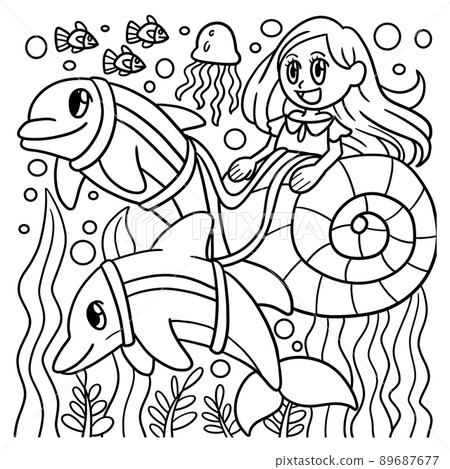 Mermaid Riding In A Seashell Carriage Coloring - Stock Illustration ...