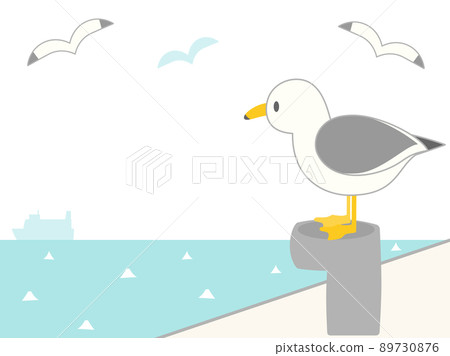Illustration of a seagull perched on a wharf... - Stock Illustration ...
