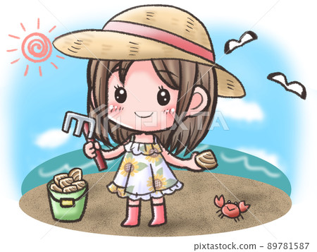 Girl clamming on the beach - Stock Illustration [89781587] - PIXTA