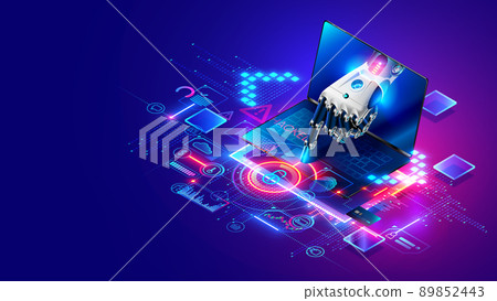 Computer bot hacks firewall on laptop.... - Stock Illustration ...
