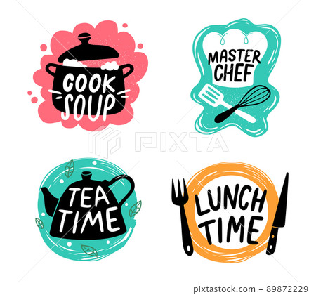 Cooking food lettering. Kitchen utensils with... - Stock Illustration ...