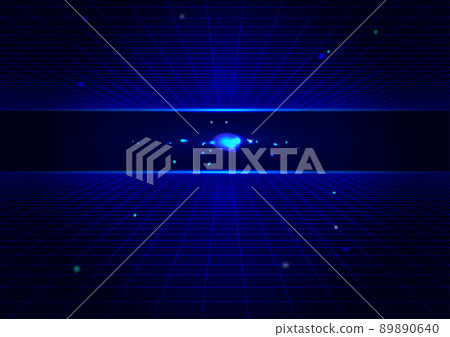 Blue Retro Neon Grid Floor, Spaceship, Nebula,...-插圖素材 [89890640] - PIXTA圖庫