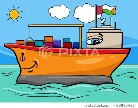 cartoon container ship character on the sea - Stock Illustration ...
