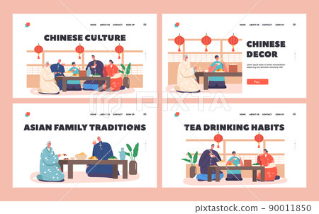 Asian Culture Landing Page Template Set. Happy... - Stock Illustration ...