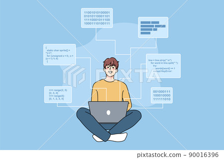 Smiling software engineer writing codes on... - Stock Illustration ...