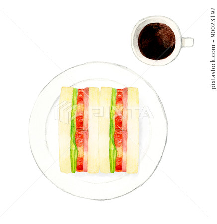BLT sandwich and coffee on a plate Hand-painted... - Stock Illustration ...