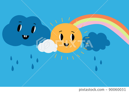 Sun and clouds with funny smiling faces. Rainy... - Stock Illustration ...